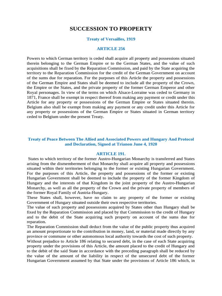 Property Succession in Post-War Treaties | PDF | World War I ...