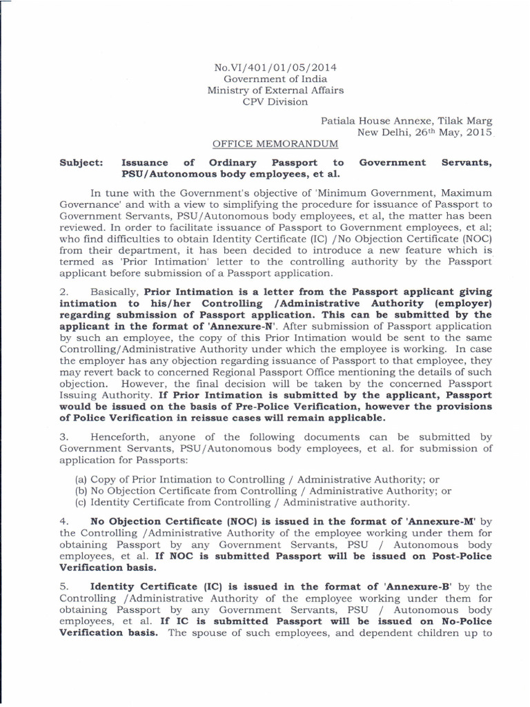 Procedure For NOC Making Application For Passportby Govt Servants | PDF