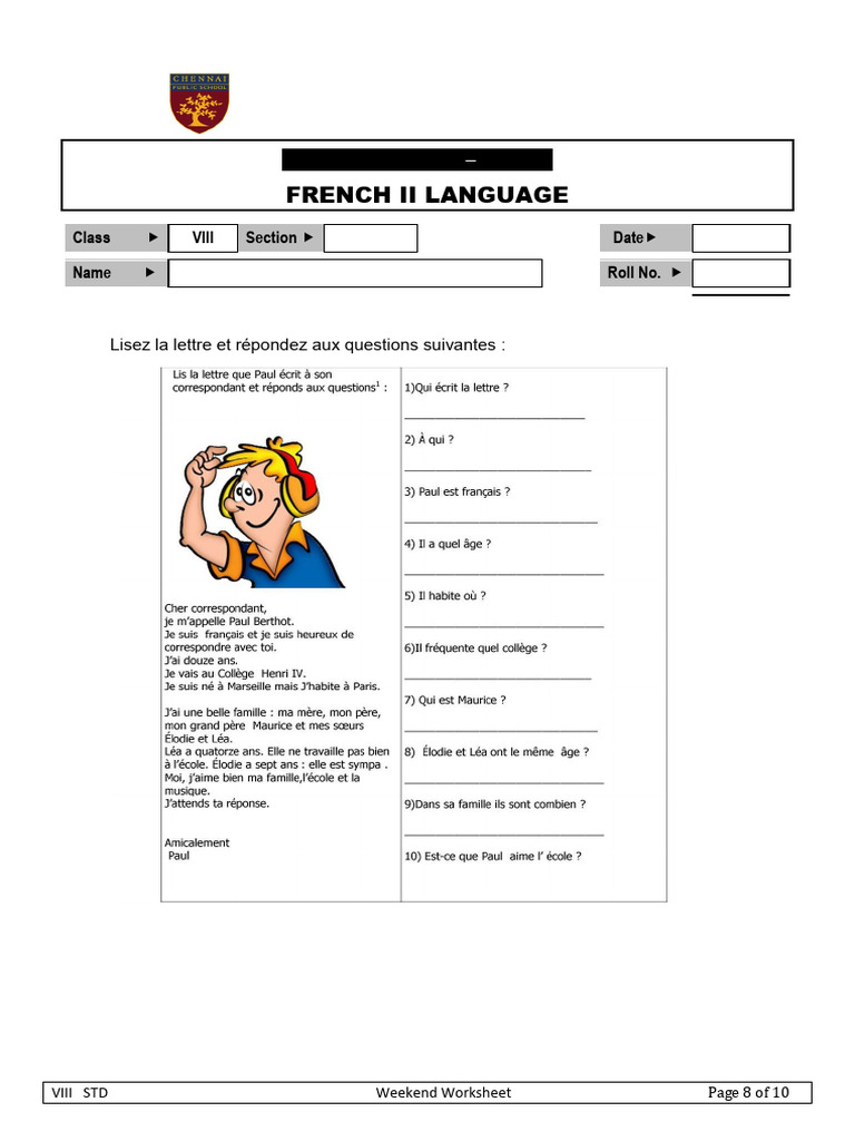 CBSE Class 8 French Worksheet | PDF