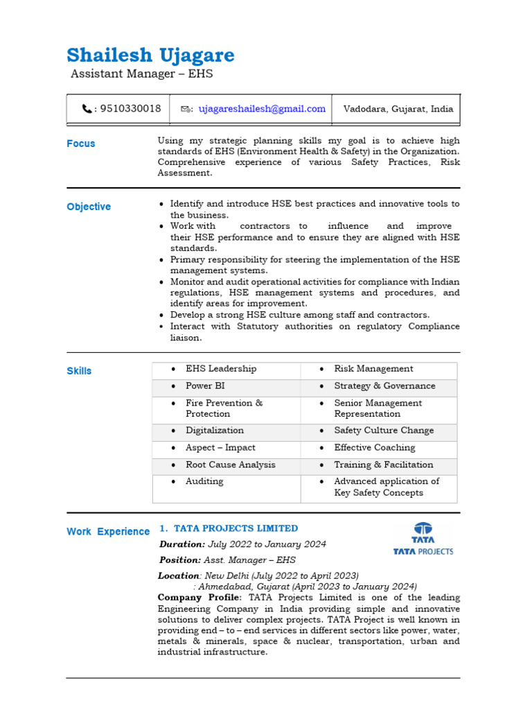 Resume EHS Professional Shailesh Ujagare | PDF