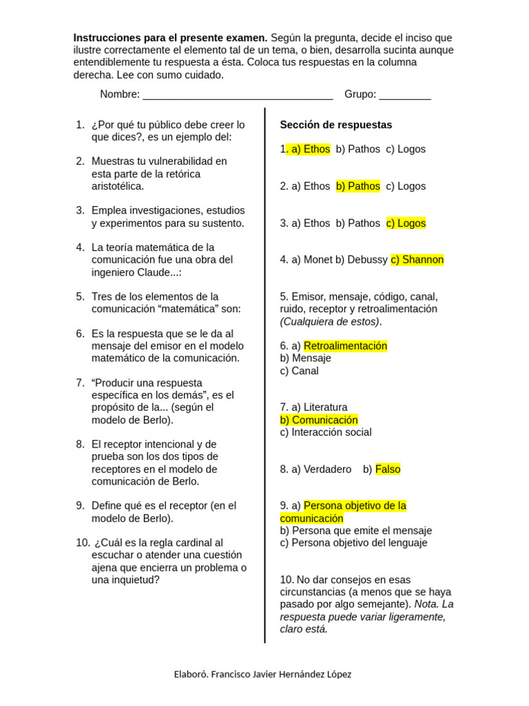 Examen de Comunicación (Con Respuestas) | PDF