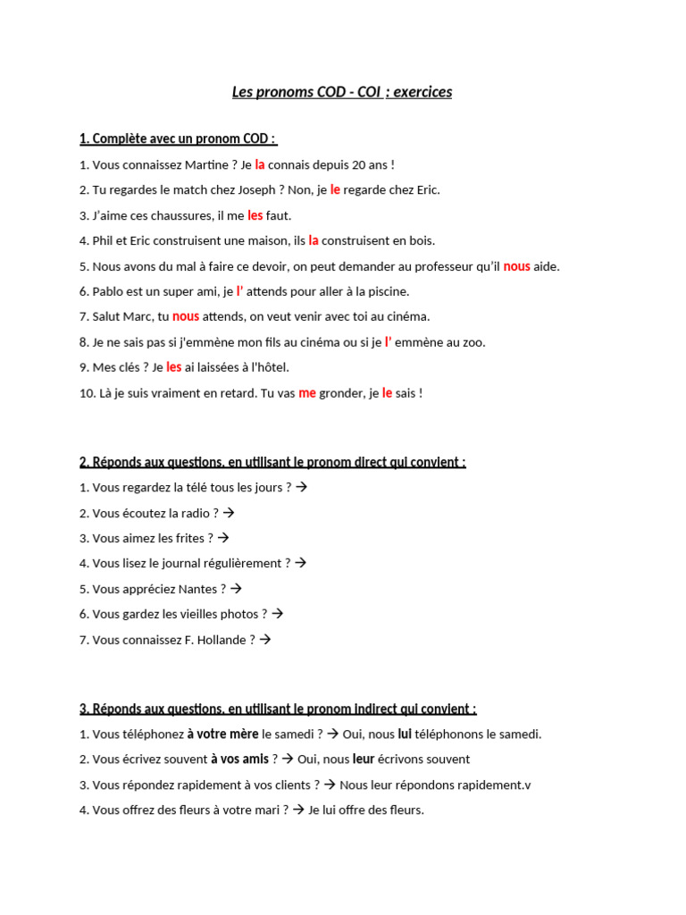 Exercices Pronoms COD COI Correction | PDF