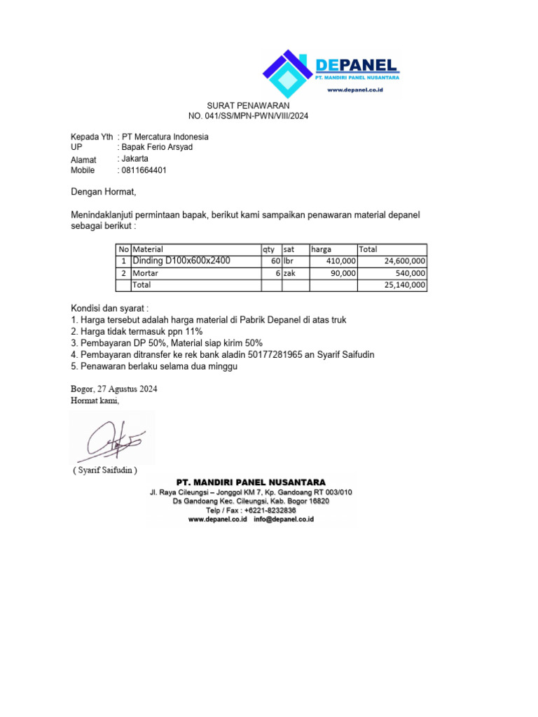 Penawaran Material Panel | PDF