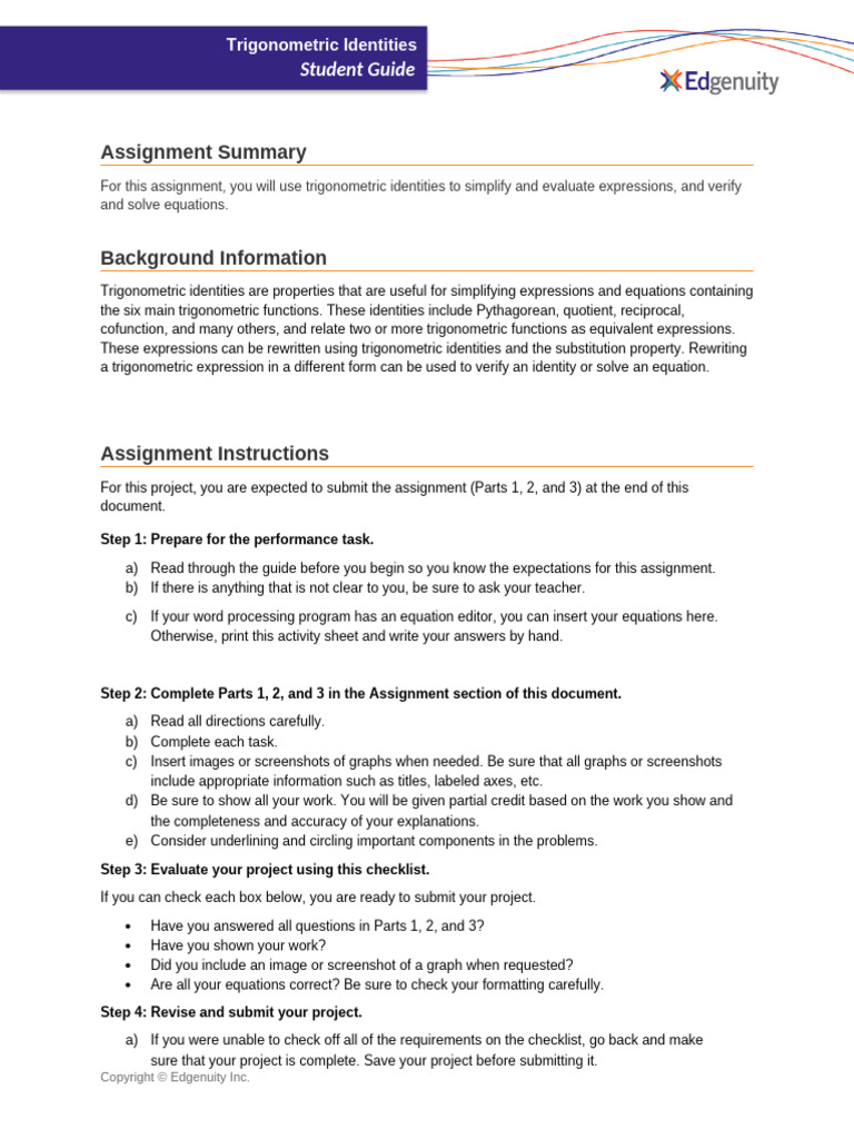 Performance Task Trigonometric Identities1 Se Pdf