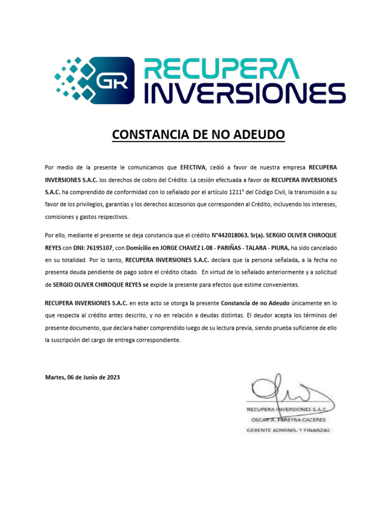 Carta de no adeudo | PDF