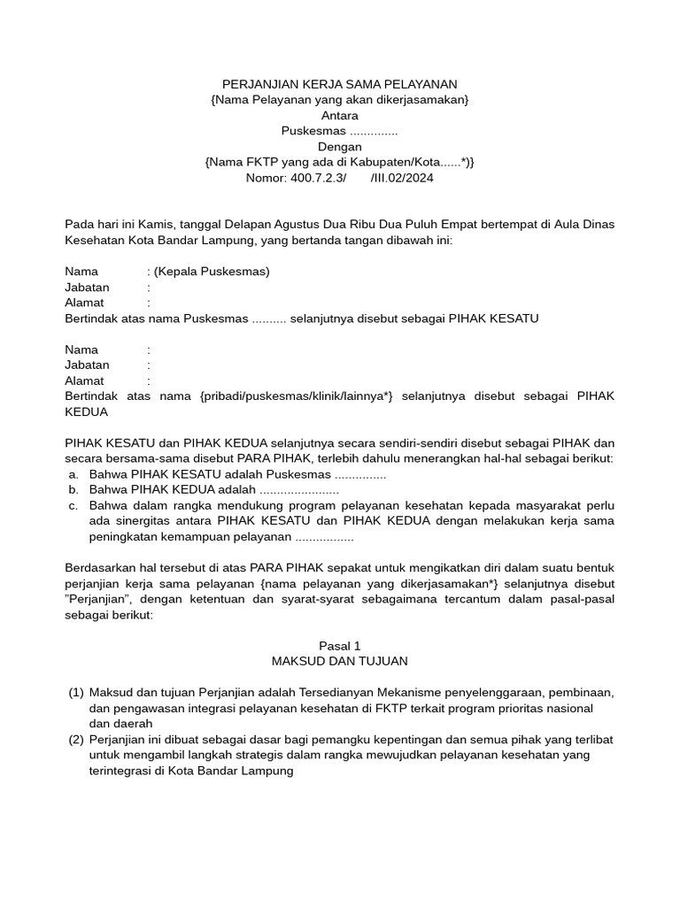 Contoh Format MOU, PKS Puskesmas IntegRasi FKTP | PDF