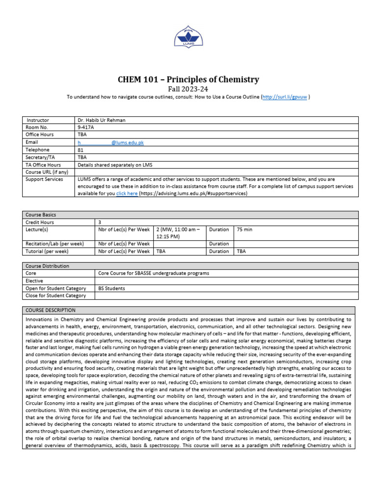 CHEM 101 Course Outline - Fall 2024 | PDF