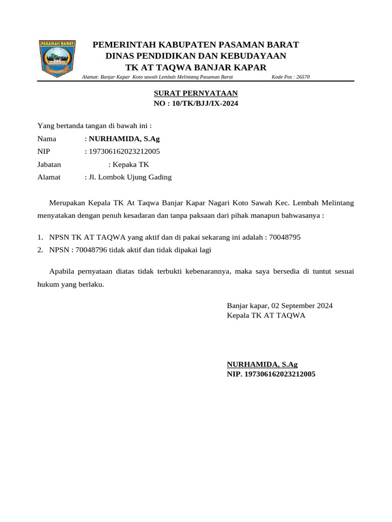 Surat Pernyataan Nurhamida | PDF