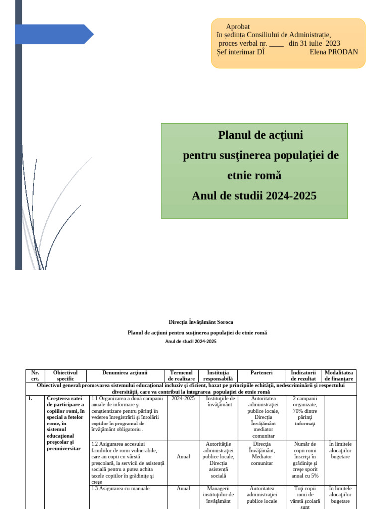 Direcția Învățământ Soroca - Plan Romi 2024-2025 | PDF