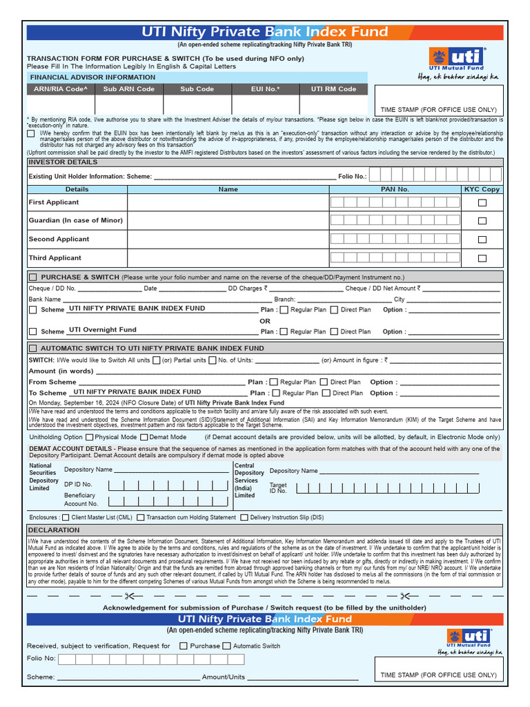 UTI Nifty Private Bank Index Fund Transaction Slip | PDF