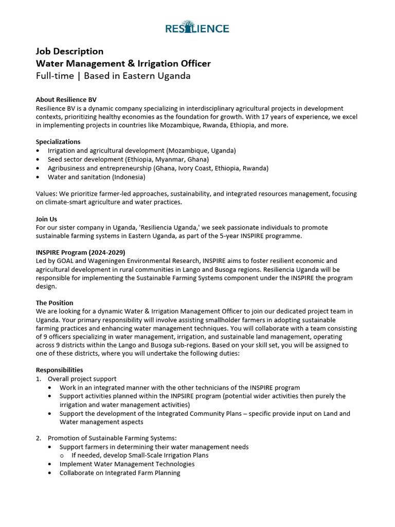 Water Management Irrigation Officer Uganda | PDF | Sustainable ...