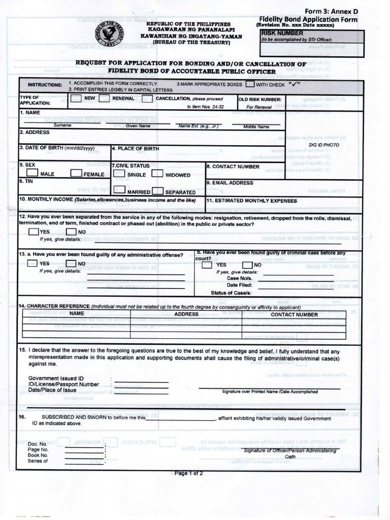 Request For Application For Bonding Andor Cancellation of Fidelity Bond ...