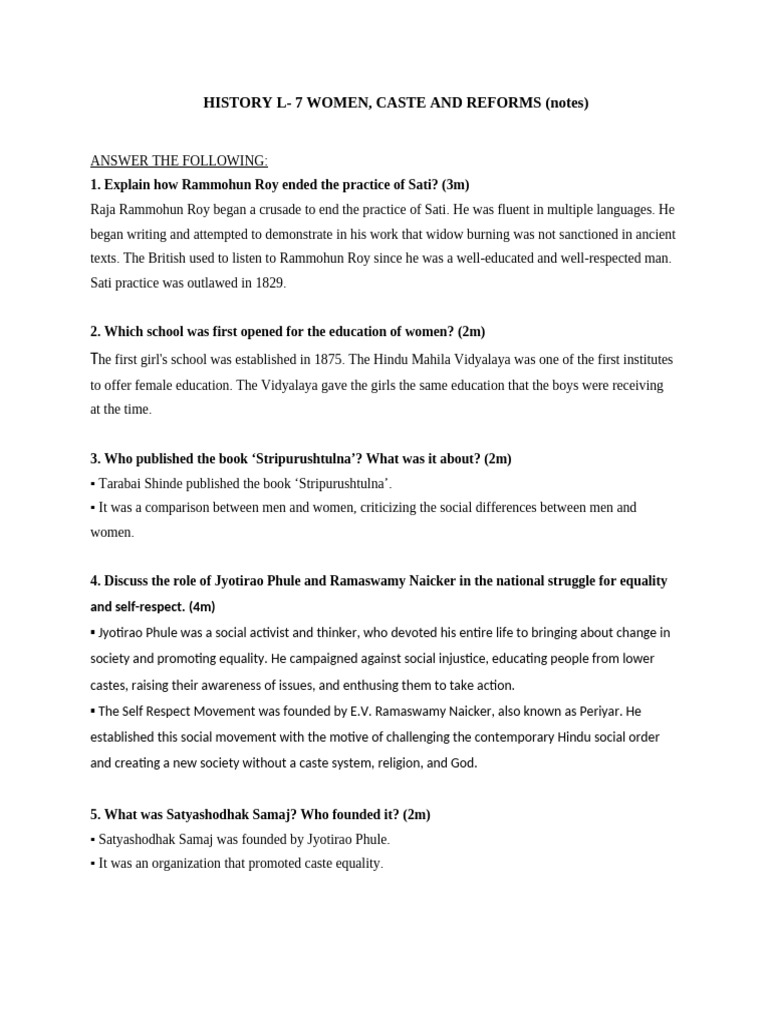 Women Caste and Reforms (Notes) | PDF