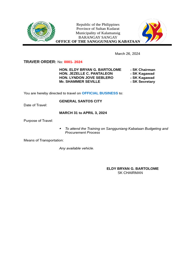 Travel Order 2024 | PDF