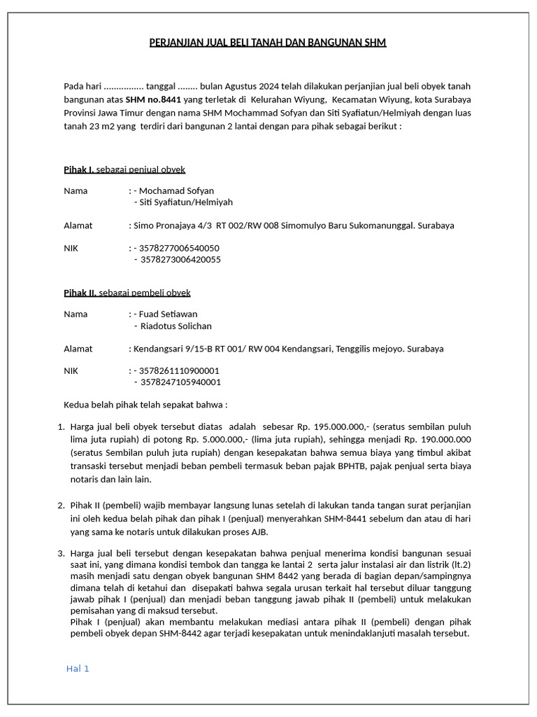Perjanjian Jual Beli Obyek Wiyung Hm-8441 | PDF