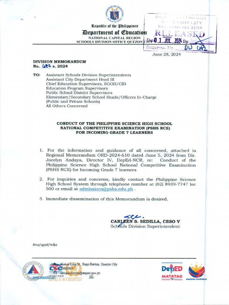 DM No. 682 S. 2024 - Conduct of The Philippine Science High School ...