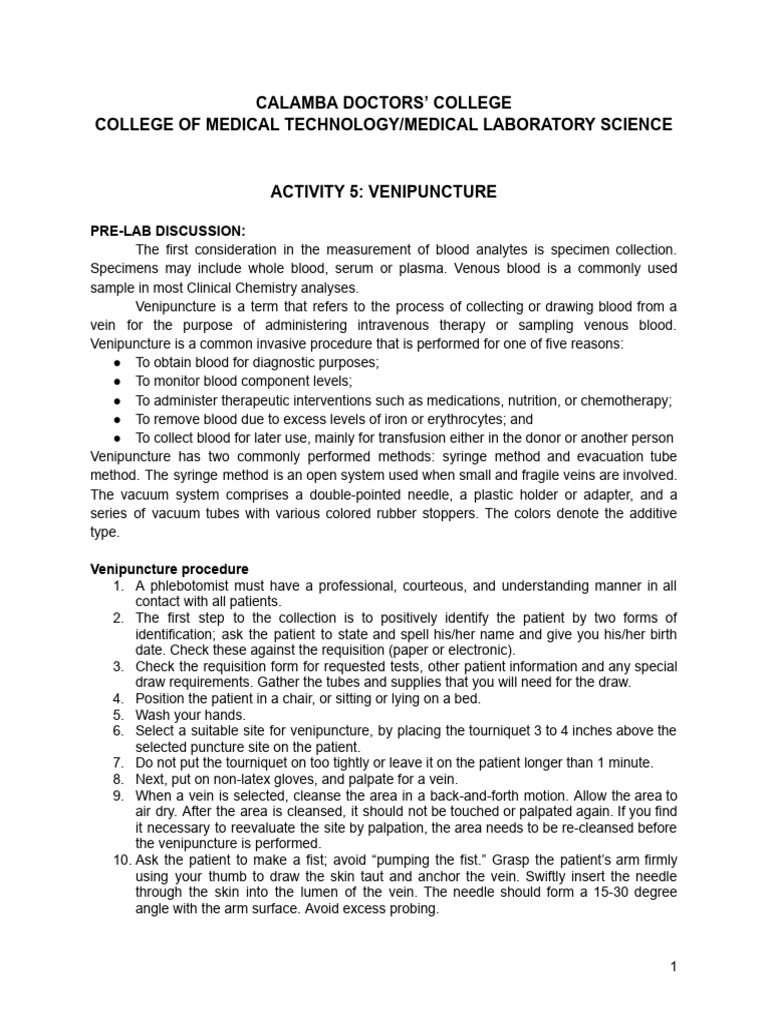 Activity 5 - Blood Collection - Venipuncture | PDF