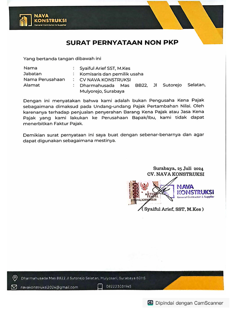 Surat Pernyataan Non PKP | PDF