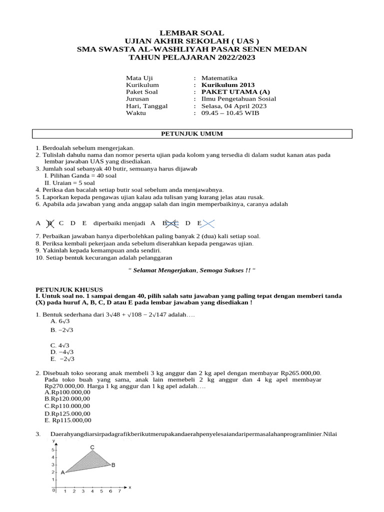 Lembar Soal Ujian Akhir Sekolah (Uas) Sma Swasta Al-Washliyah Pasar Senen Medan TAHUN PELAJARAN ...