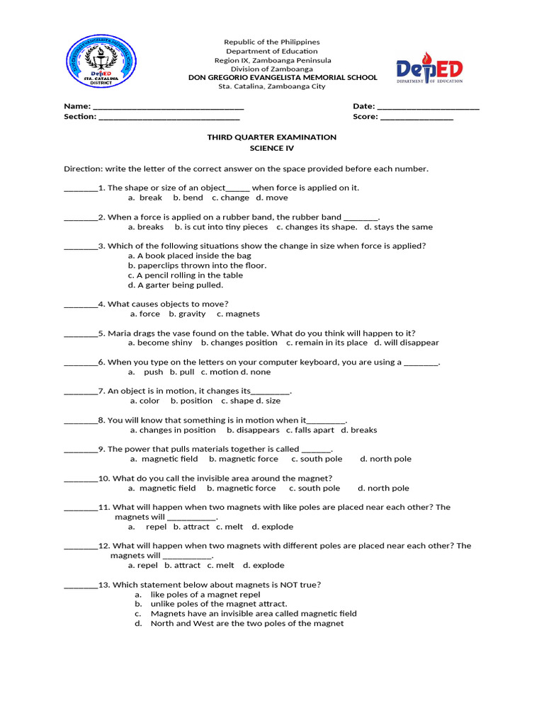 3rd Quarter Science Test Paper Tos and Answer Key | PDF | Magnetism | Light