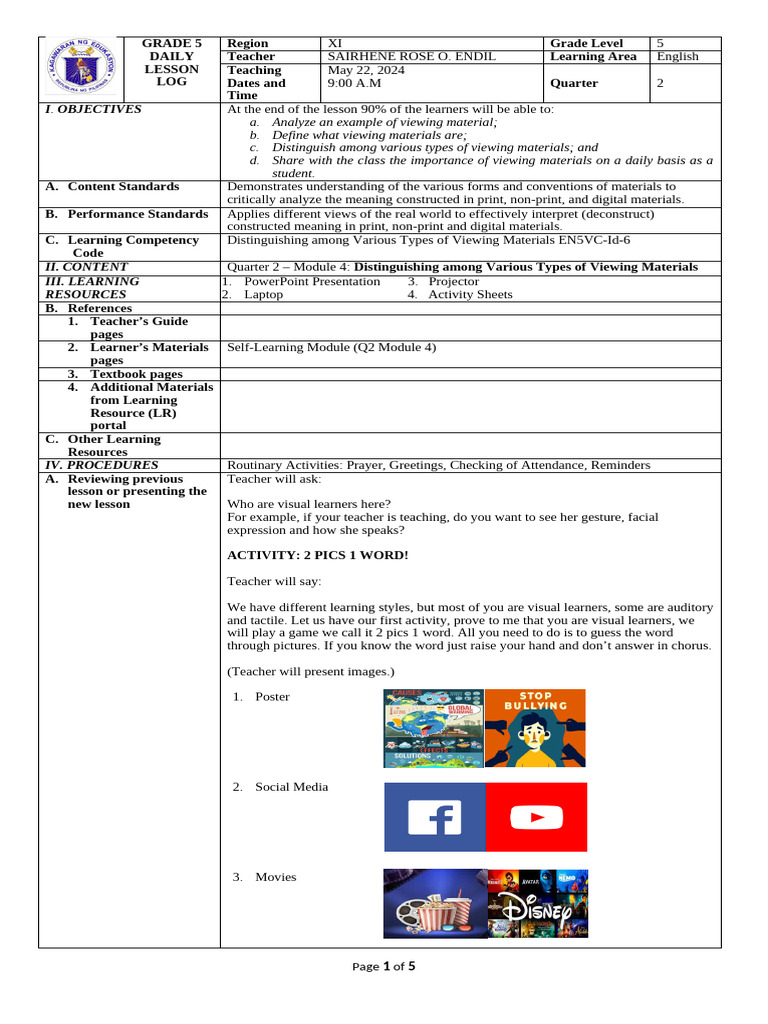 ENDIL_DEMO Lesson Plan G6 (Autosaved) | PDF