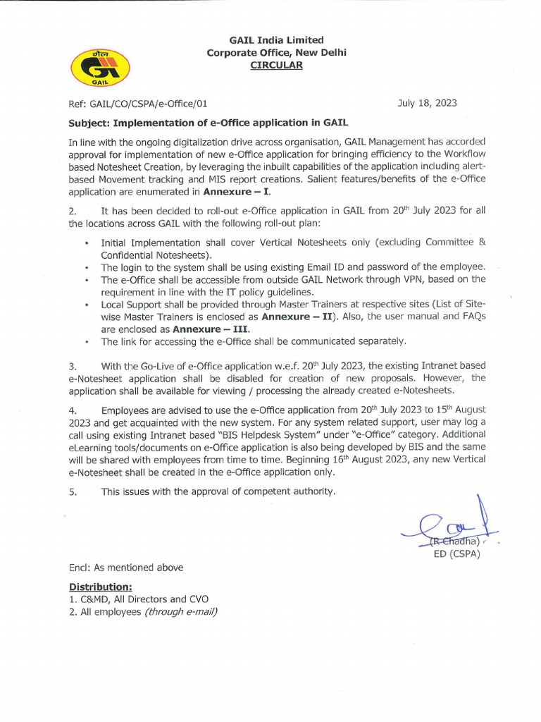 Circular - Implementation of E-Office in GAIL | PDF