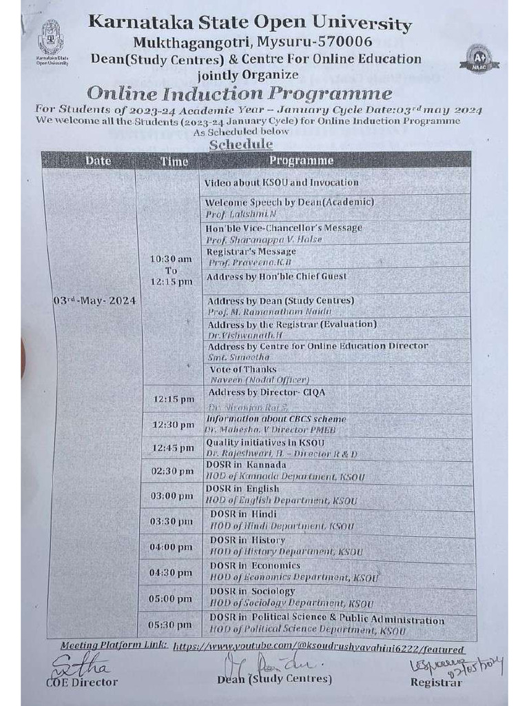 KSOU 2023-24 Jan Cycle Induction Schedule | PDF