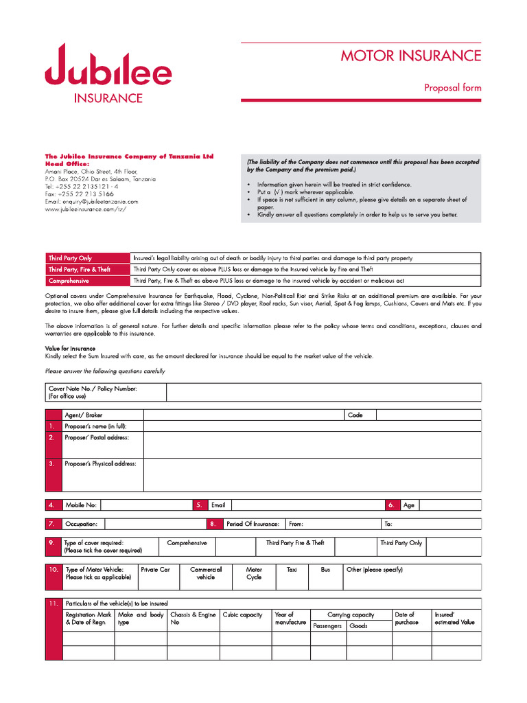 Tanzania Proposal Form - Motor Insurance | PDF | Insurance | Vehicle ...