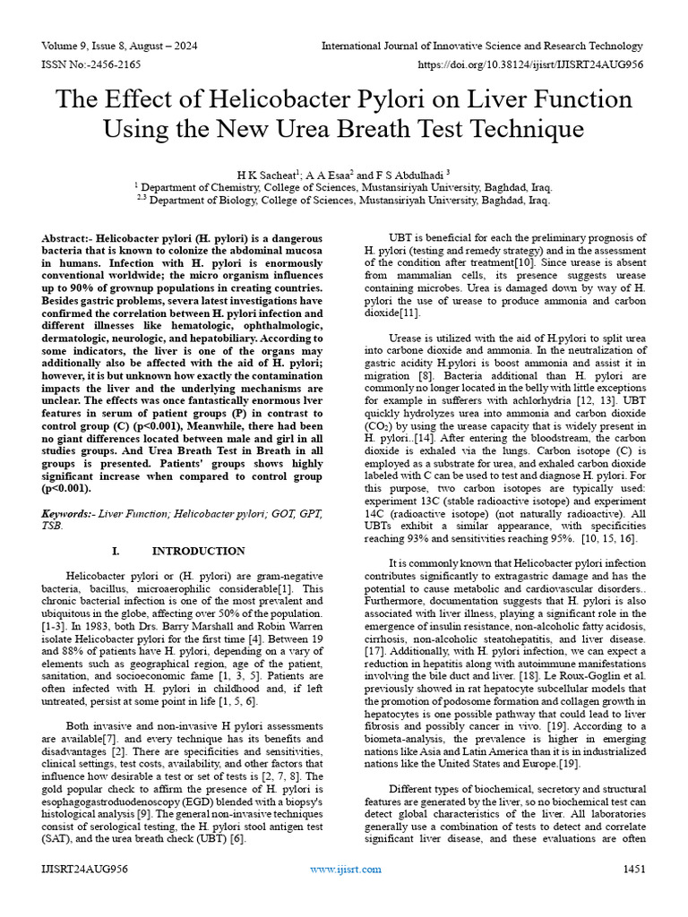 The Effect of Helicobacter Pylori On Liver Function Using The New Urea ...