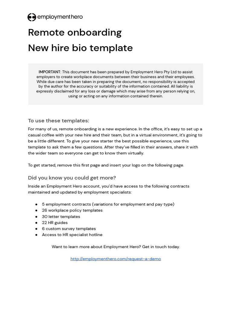 Remote Onboarding New Starter Bio Template Employment Hero | PDF