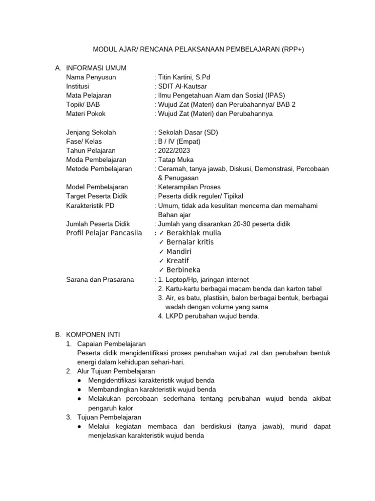 Modul Ajar - Rencana Pelaksanaan Pembelajaran (RPP+) Berdiferensiasi | PDF