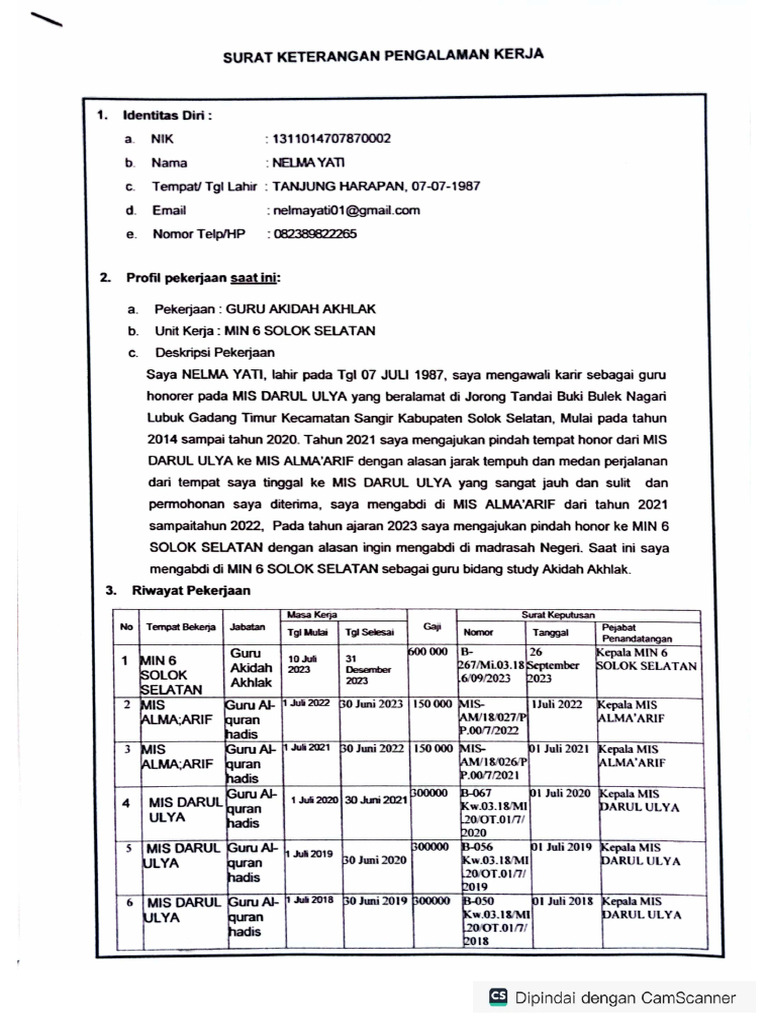 Pengalaman Kerja Nelma | PDF