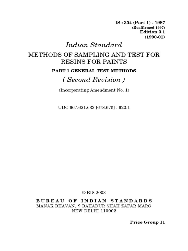 Indian Standard: Methods of Sampling and Test For Resins For Paints | PDF