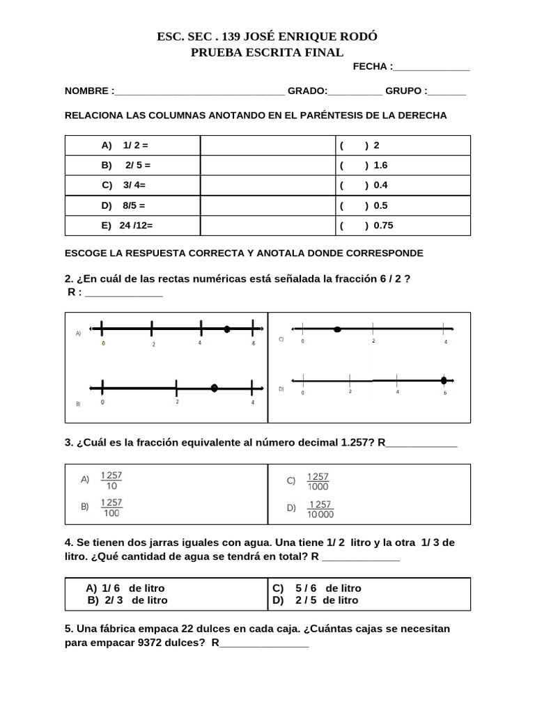 Prueba Escrita | PDF | Números | Aritmética