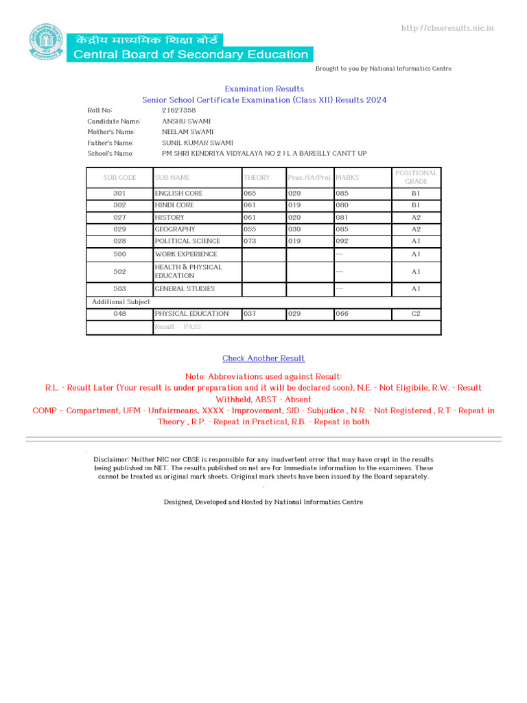 CBSE - Senior School Certificate Examination (Class XII) Results 2024 | PDF
