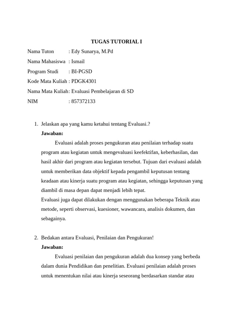 FISAL KURNIAWAN 857372846 TUGAS 1 SESI 3 Evaluasi Pembelajaran Di SD | PDF