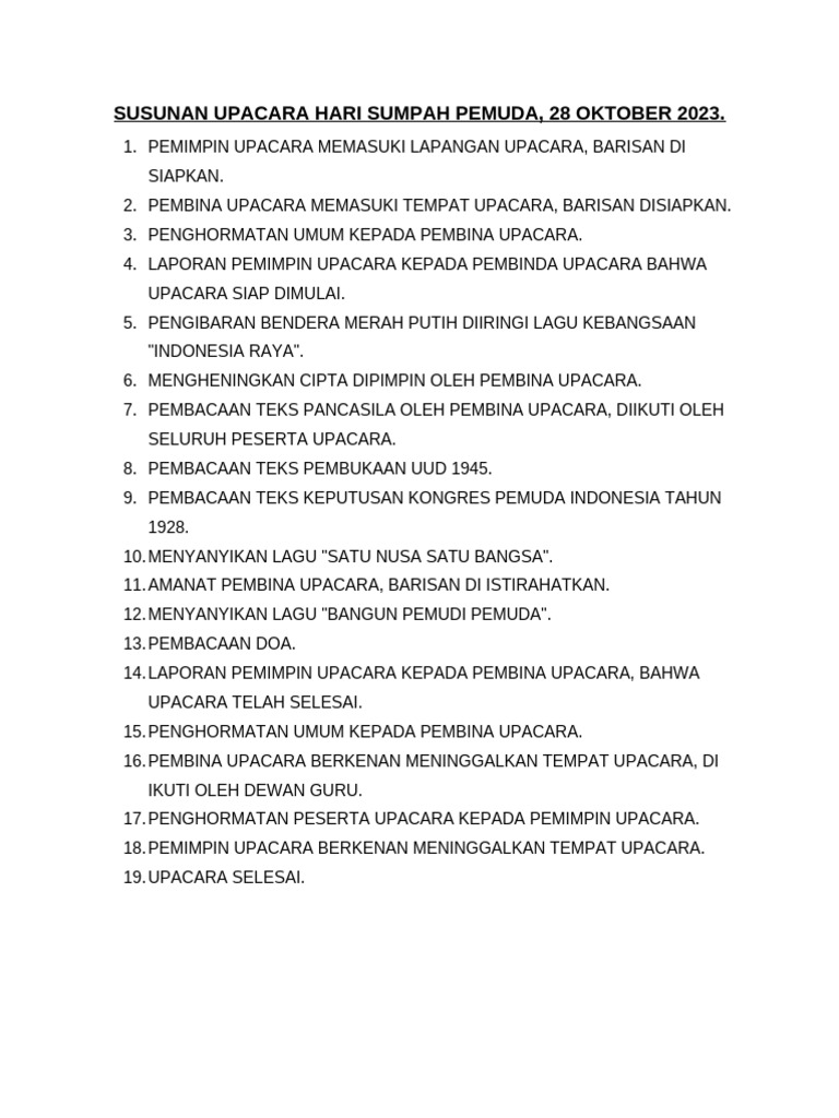 Susunan Upacara Hari Sumpah Pemuda | PDF