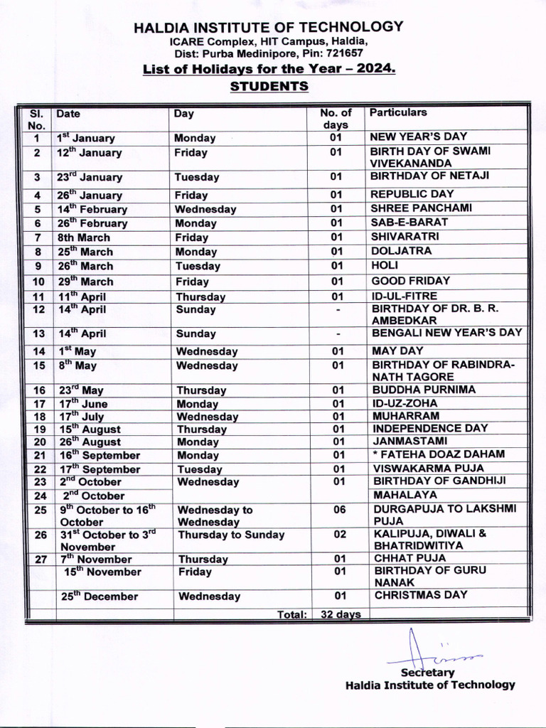 Holiday List Student 2024-1 | PDF | Festival | Hindu Worship