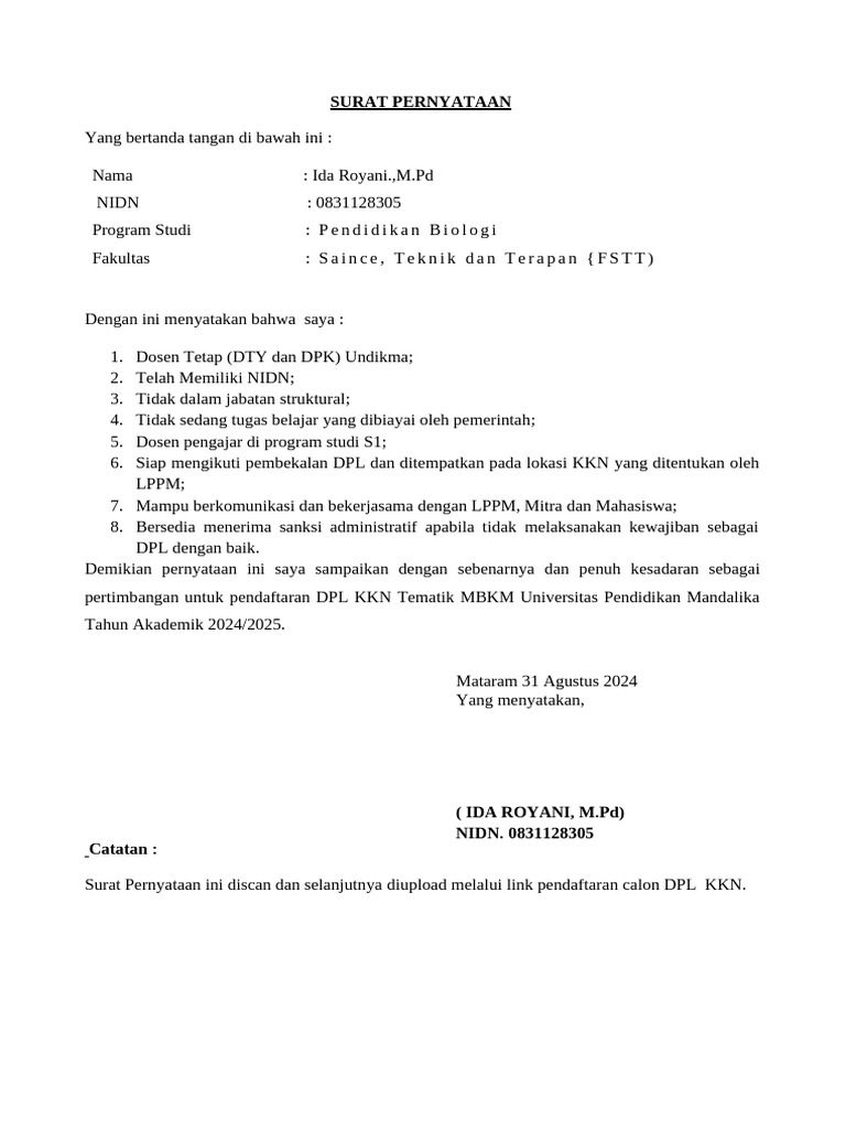 Surat Pernyataan Dpl Pdf