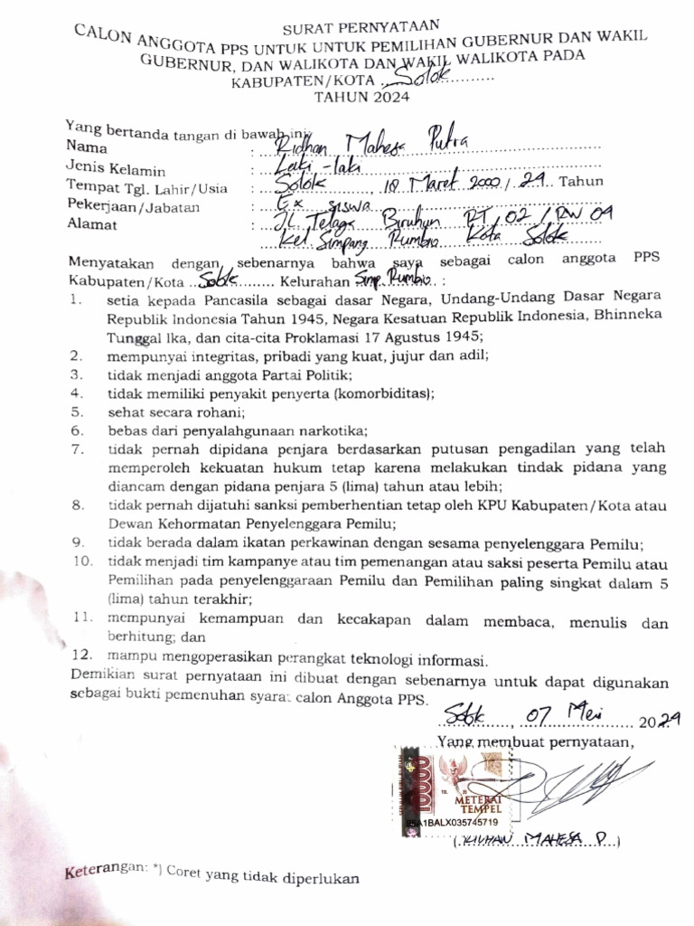 Surat Pernyataan Format Kpu | PDF
