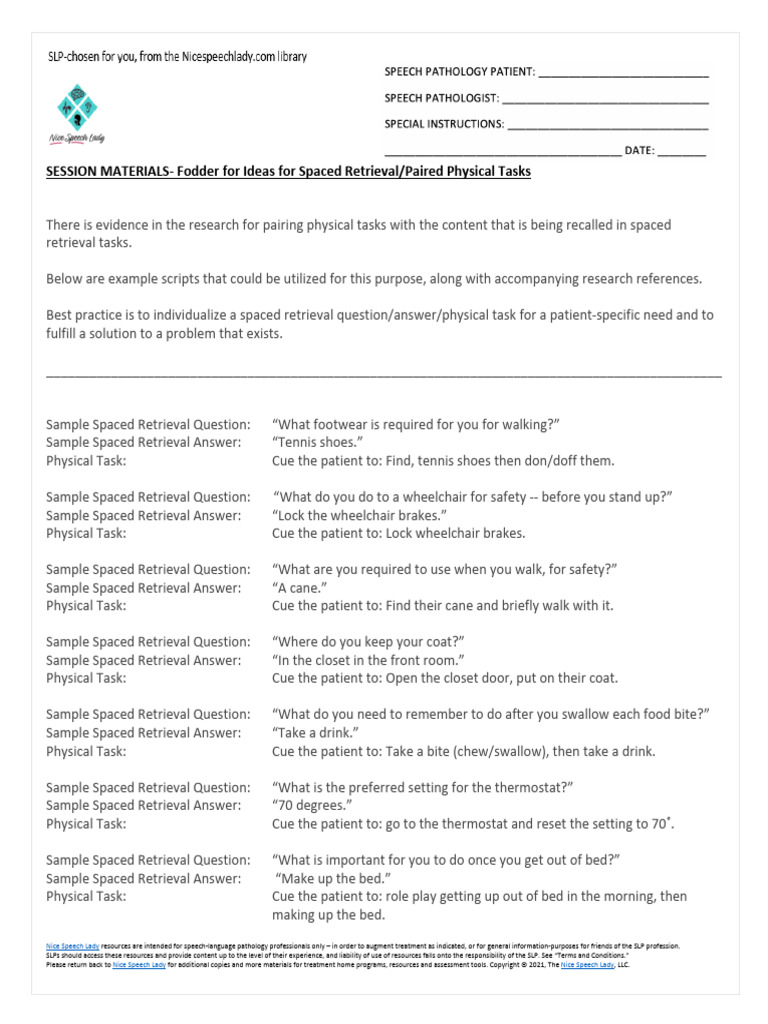 SESSION MATERIALS Fodder For Ideas For Spaced Retrieval and Paired ...