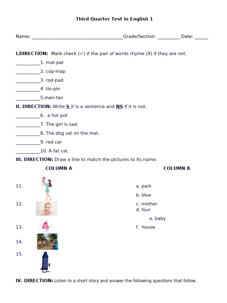 Third Quarter Test in English 1 | PDF