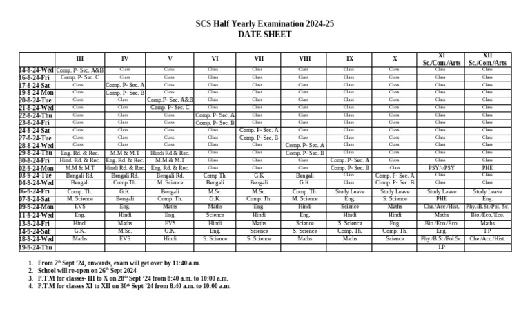 SCS Half Yearly Examination Date Sheet | PDF