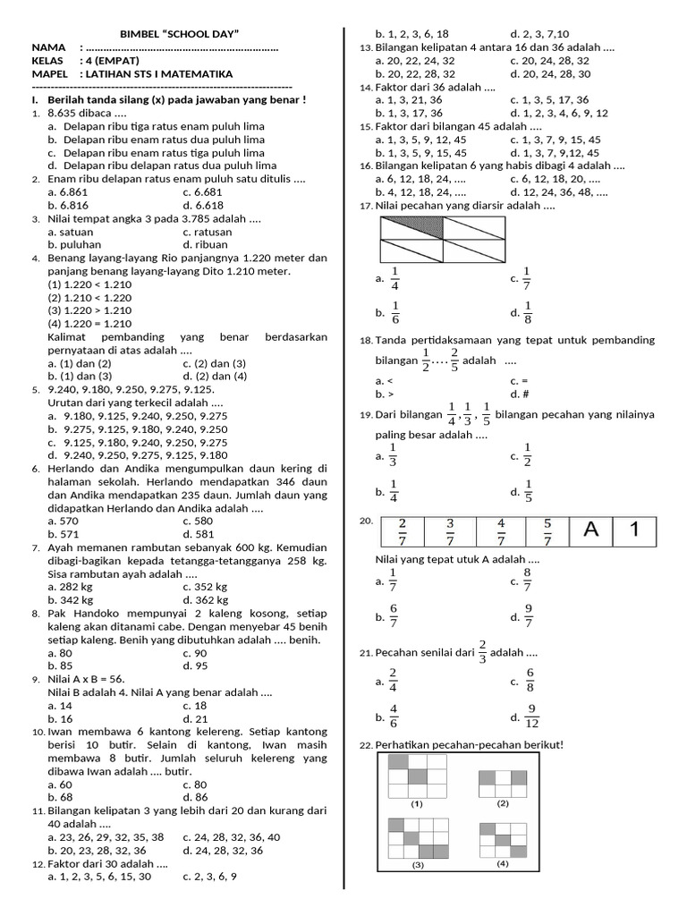 Soal PTS 1 Matematika Kelas 4 Kurmer | PDF