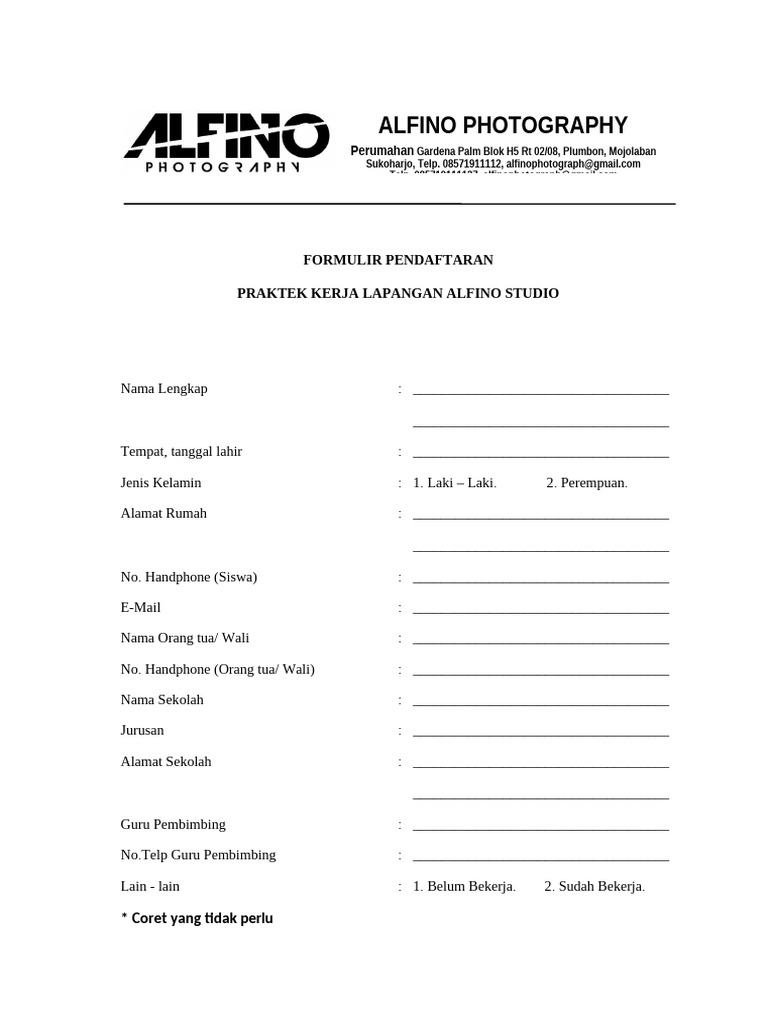 Formulir Pendaftaran PKL Alfino | PDF