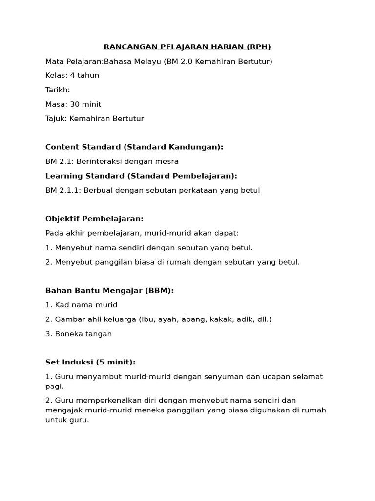 Contoh RPH BM 2.0 Kemahiran Bertutur | PDF