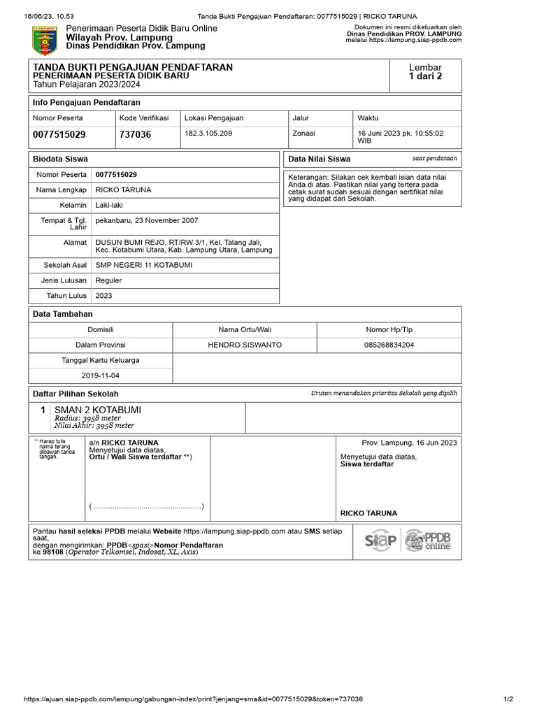 Tanda Bukti Pengajuan Pendaftaran - 0077515029 - RICKO TARUNA | PDF