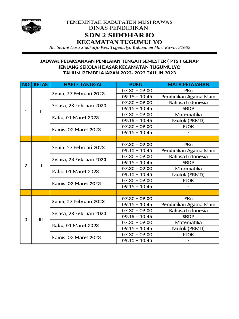 JADWAL PTS 2022-2023 Tahun 2023 | PDF