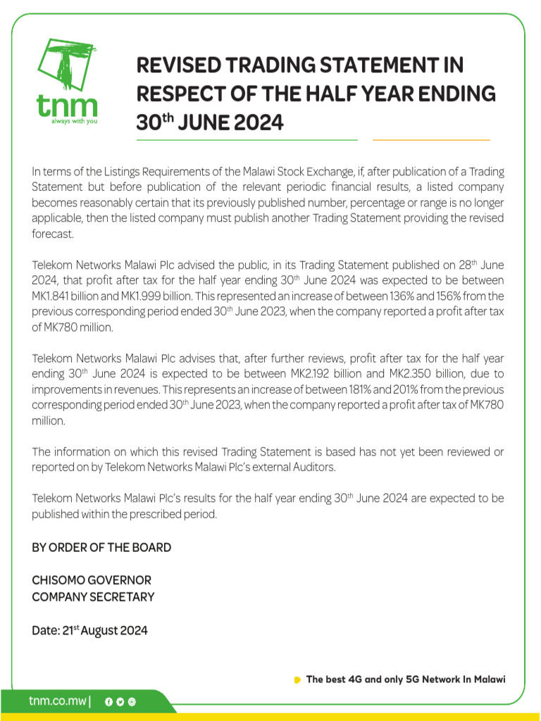 TNM PLC H1 2024 Revised Trading Statement | PDF