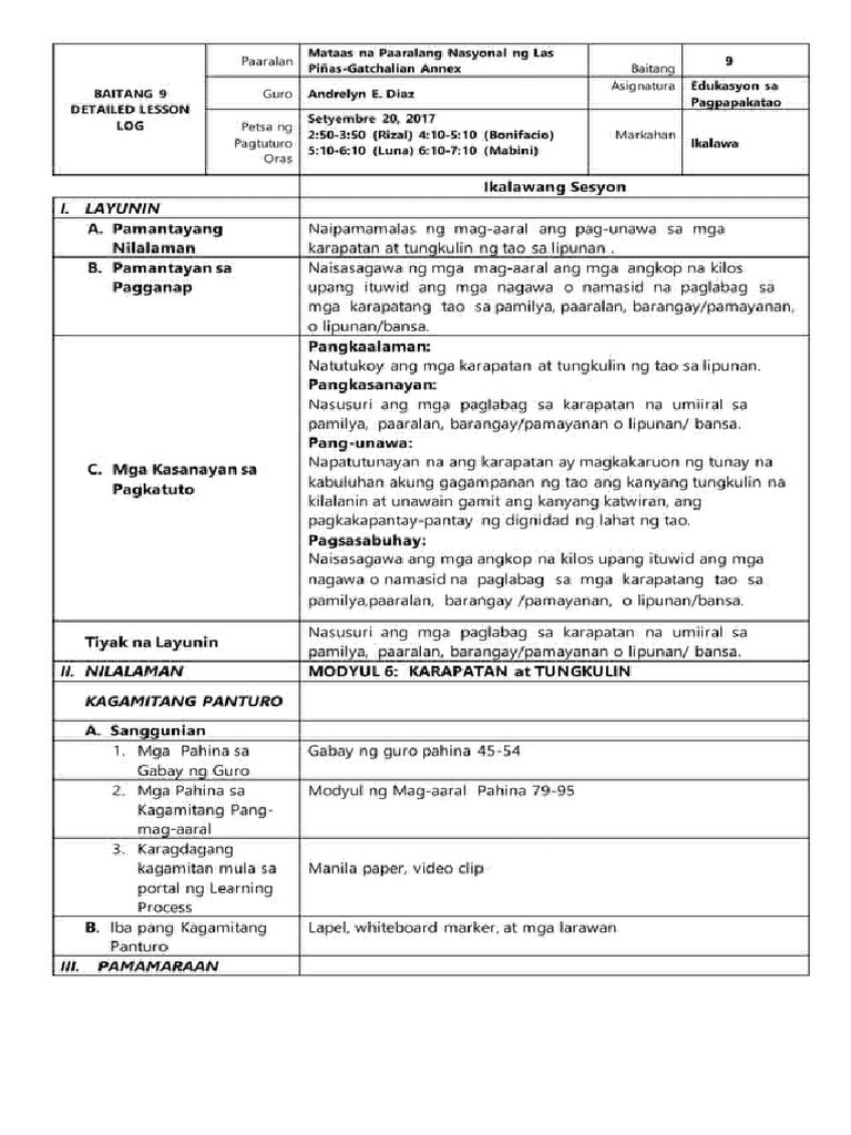 DLL EsP 9 Q2 (Karapatan at Tungkulin) With Values | PDF